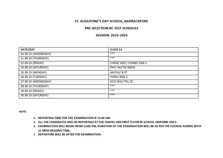 Class 12 Retest Schedule 2023-2024 | PDF