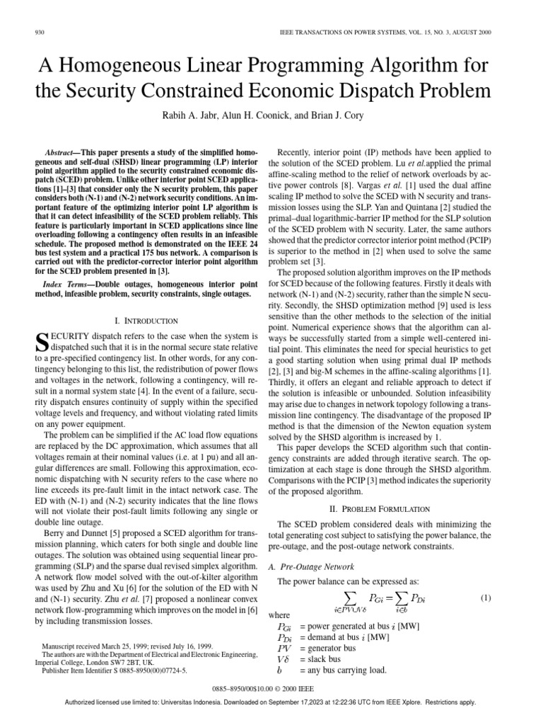 A Homogeneous Linear Programming Algorithm For The Security Constrained Economic Dispatch