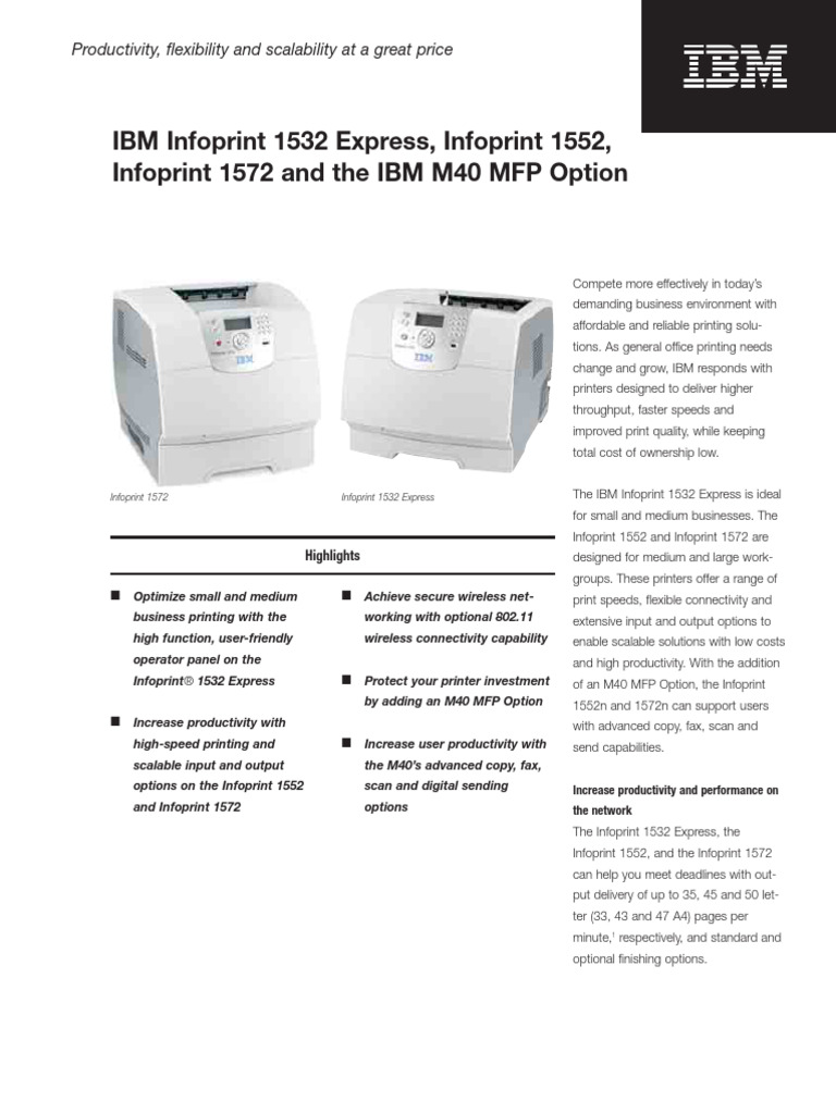 Ibm Infoprint 1532 1552 1572 Datasheet | PDF | Printer (Computing) | Image Scanner