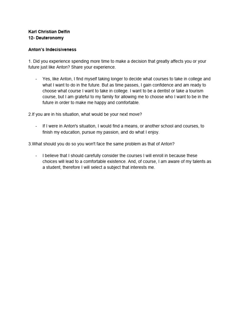 Anton's Indecisiveness in Decision-Making | PDF