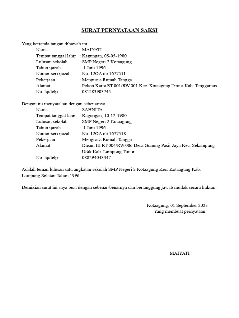 Surat Pernyataan Saksi dan Tanggung Jawab 1996 | PDF