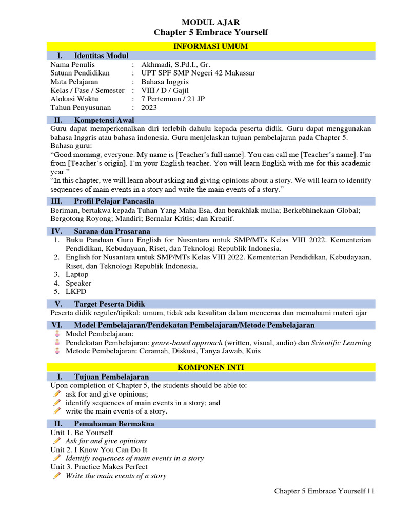 Chapter 5 Embrace Yourself: Modul Ajar | PDF