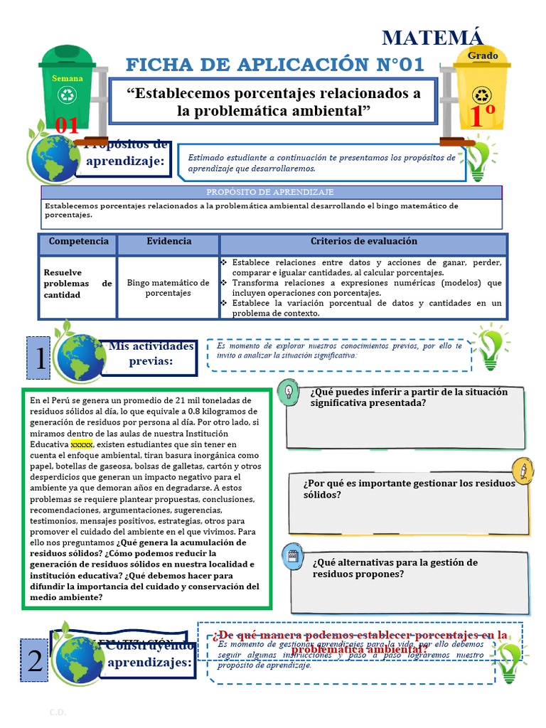1° Ficha de Aplicación-Sesión1-Sem.1-Exp.6-Mate | PDF | Residuos | Porcentaje
