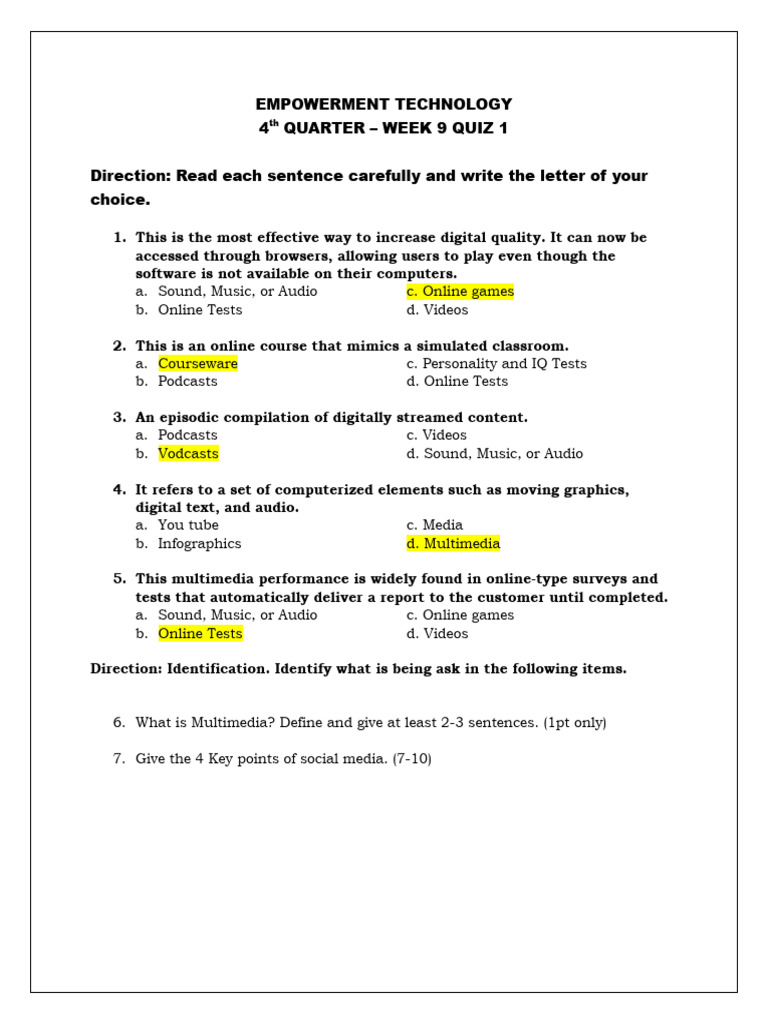 4th Quarter - Quiz 1 | PDF | Computers
