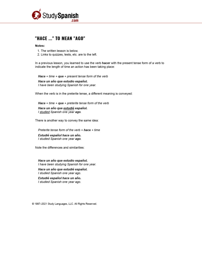 Hace ... - To Mean - Ago | PDF | Language Arts & Discipline | Foreign ...