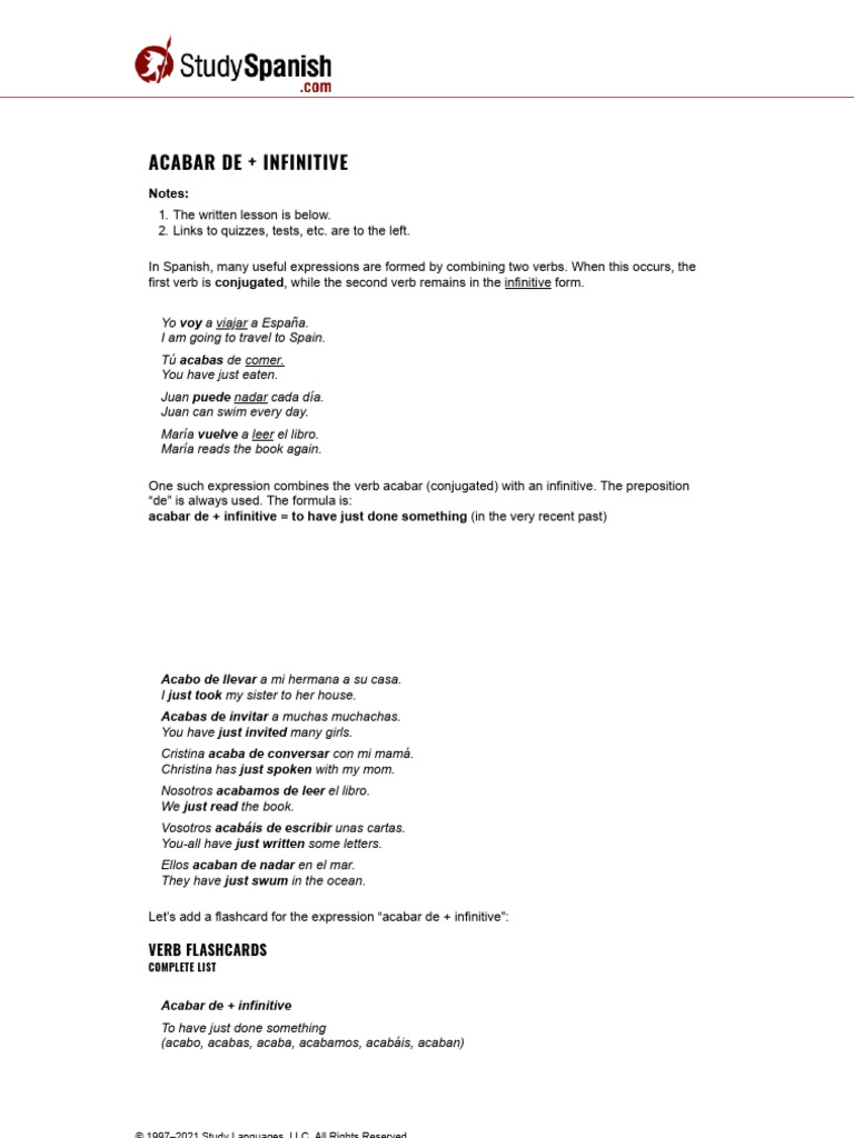 Acabar de + Infinitive in Spanish | PDF | Language Arts & Discipline ...