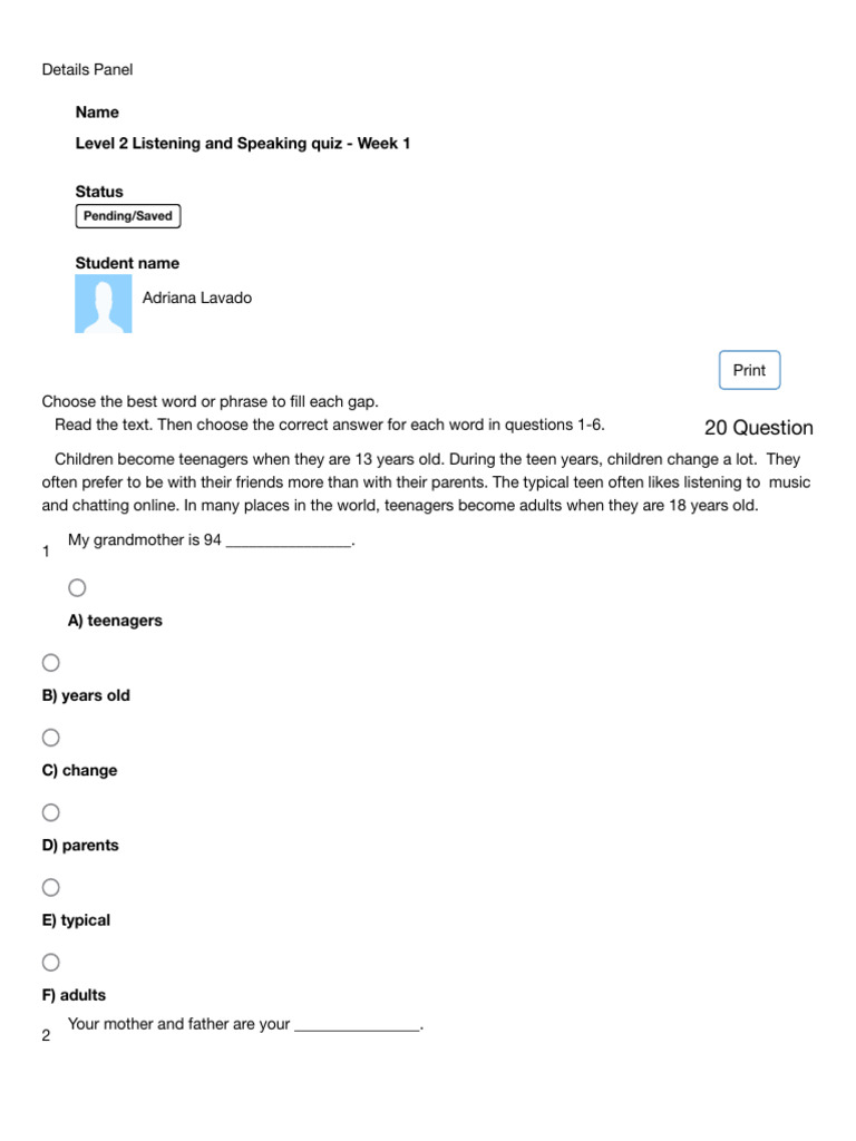 Level 2 Listening & Speaking Quiz Week 1 | PDF | Adolescence