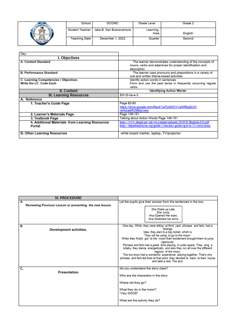 Action Words Lesson Plan for Grade 2 | PDF | English Language ...