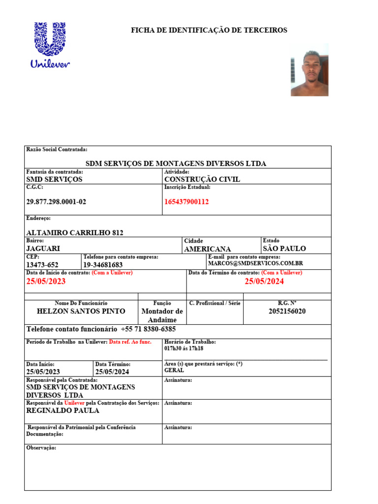 MODELO - Ficha de Identificação de Terceiros HELZON | PDF