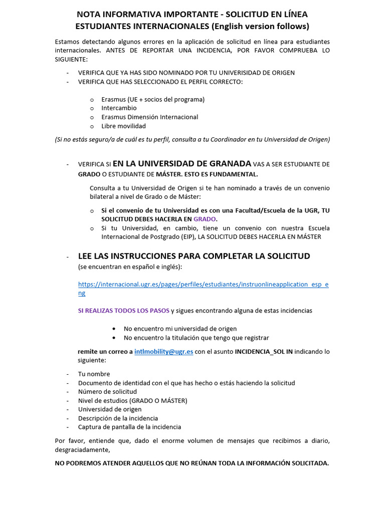 NOTA INFORMATIVA SOLICITUD IN Español e Inglés | PDF