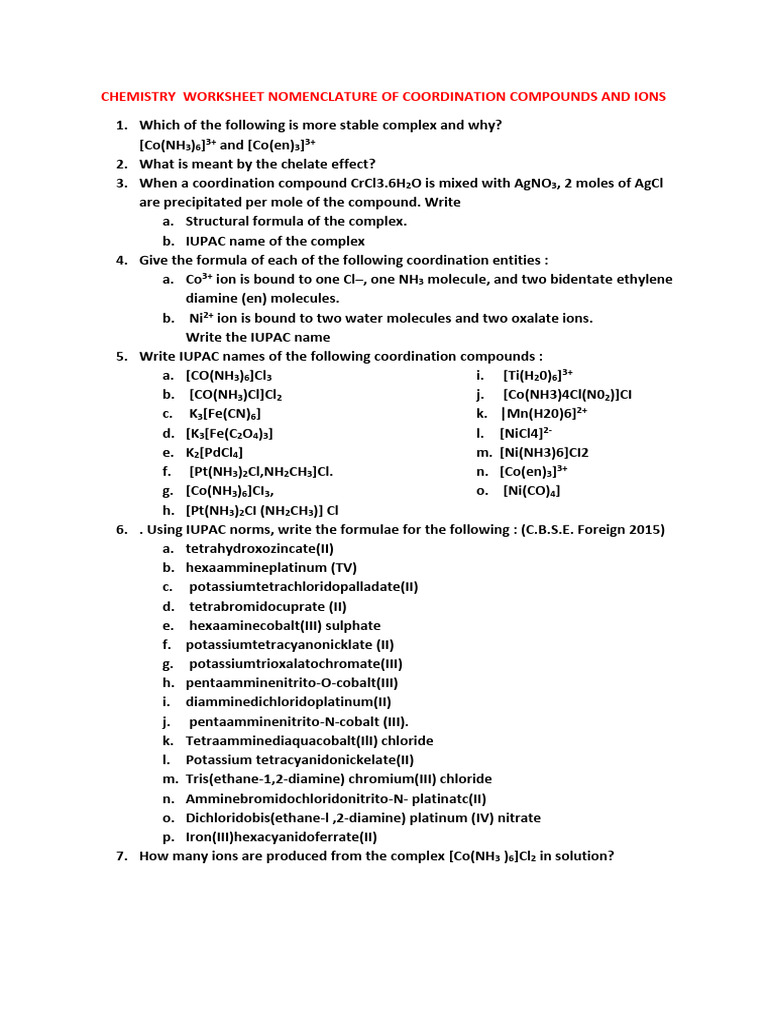 Chemistry Worksheet Nomenclature of Coordination Compounds and Ions | PDF