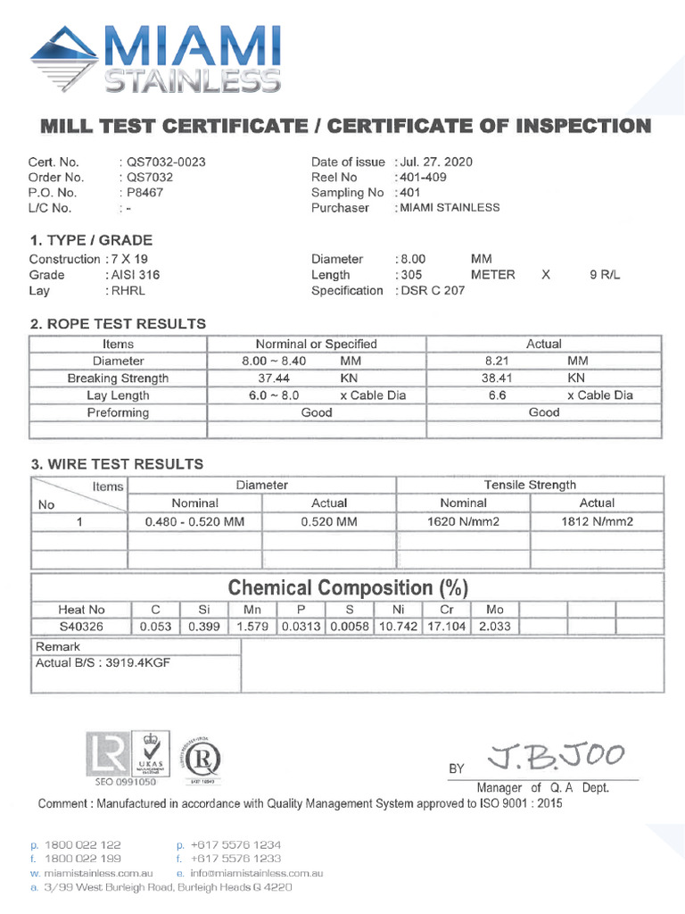 Mill Certificate 0220 8 - 719 | PDF