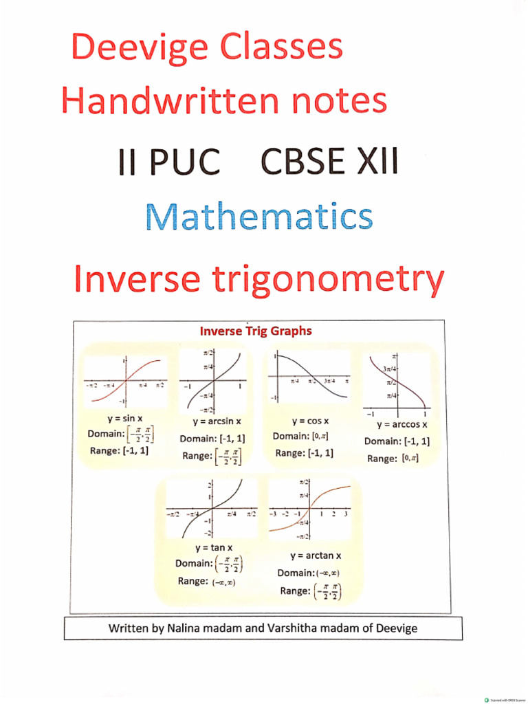 Inverse Trigonometry II PUC Handwritten Notes From Deevige | PDF