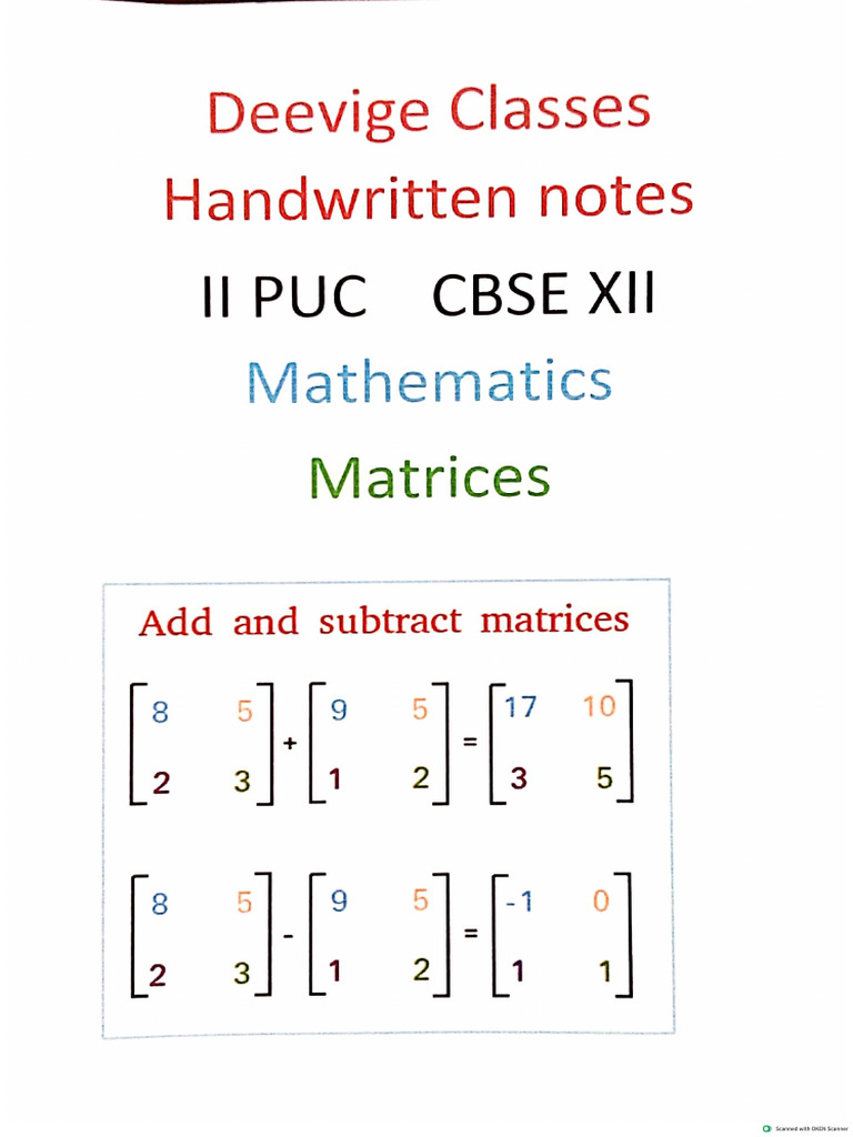Matrices II PUC Handwritten Notes From Deevige | PDF