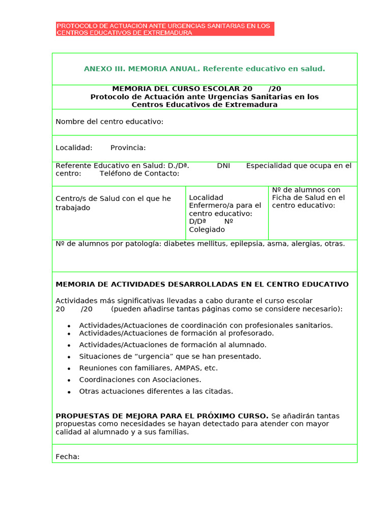 ANEXO III Memoria Referente Educativo en Salud - Editable | PDF
