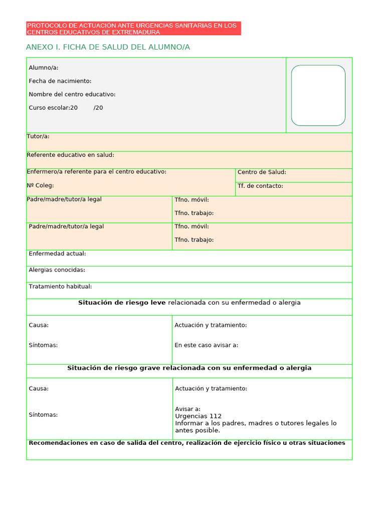 Anexo I Ficha de Salud Del Alumno - Editable | PDF