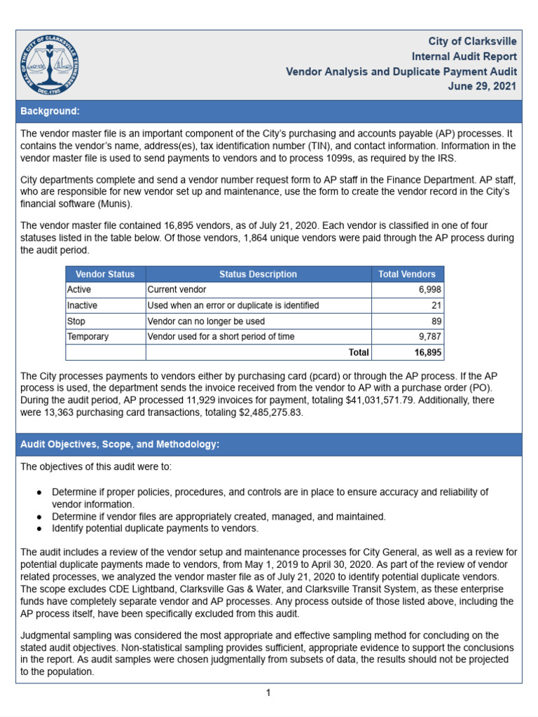 Vendor Analysis and Duplicate Payment Audit | Download Free PDF ...