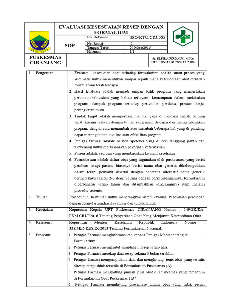 E.P. 8.2.1.8. Spo 05 Evaluasi Kesesuaian Resep Dengan Formularium | PDF