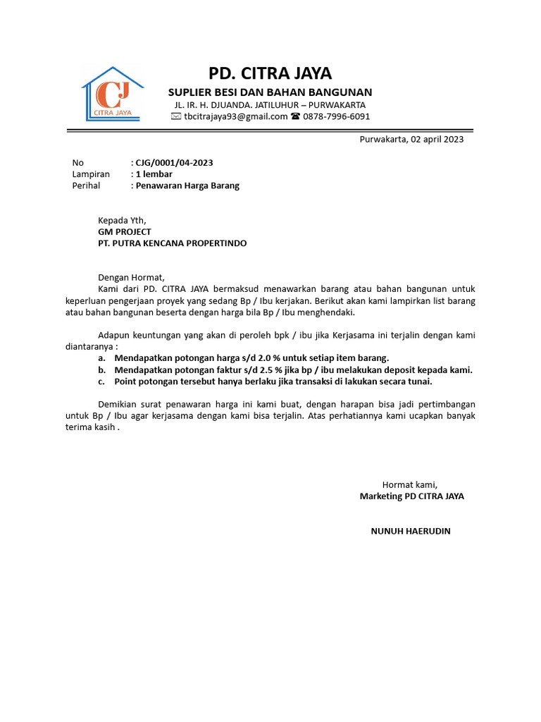 SURAT PENAWARAN HARGA PD. CITRA JAYA 04-2023 | PDF