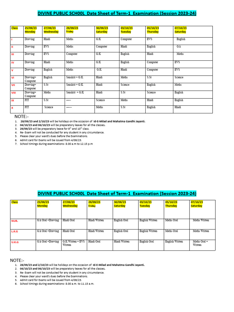 Term 1 Revised Date Sheet - 2 - 230913 - 212311 | PDF
