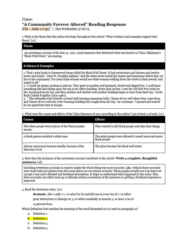 A Community... - Reading Response | PDF | History