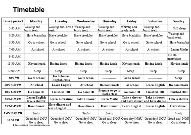 Timetable Monday To Sunday | PDF