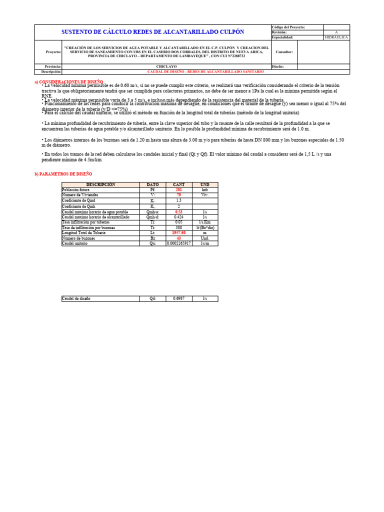 Cálculo de Redes de Alcantarillado Culpón | PDF | Alcantarillado ...