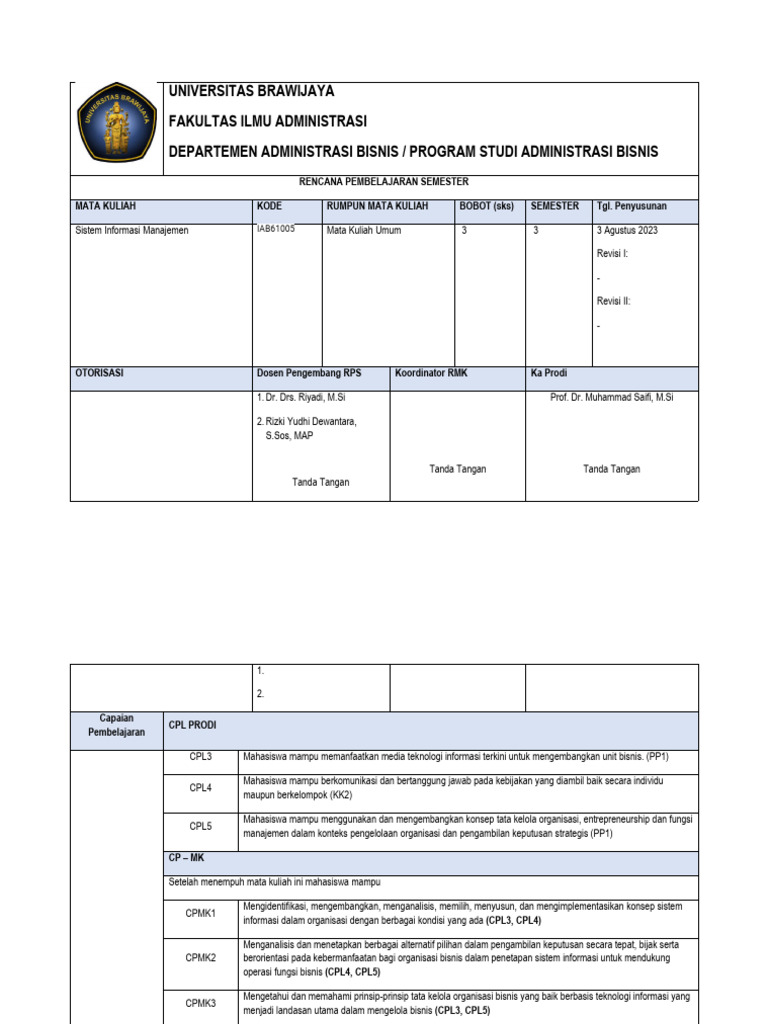 RPS OBE Sistem Informasi Manajemen 2023 | PDF | Komputer