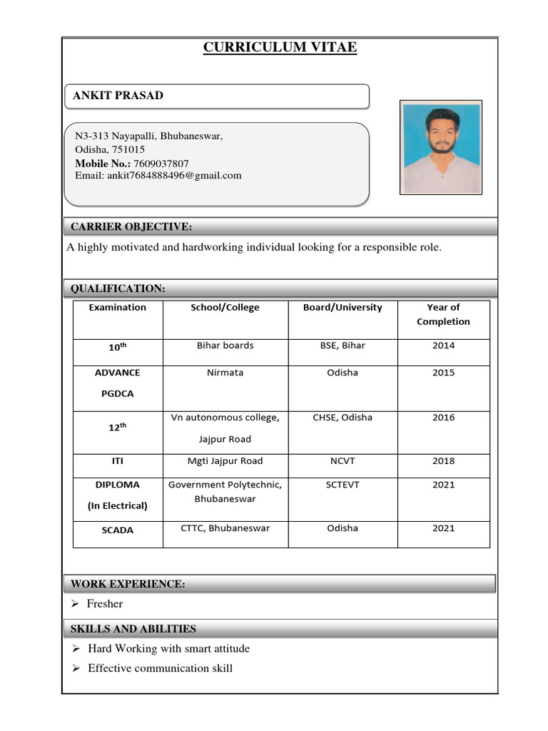 Ankit Prasad's CV: Electrical Diploma & Skills | PDF