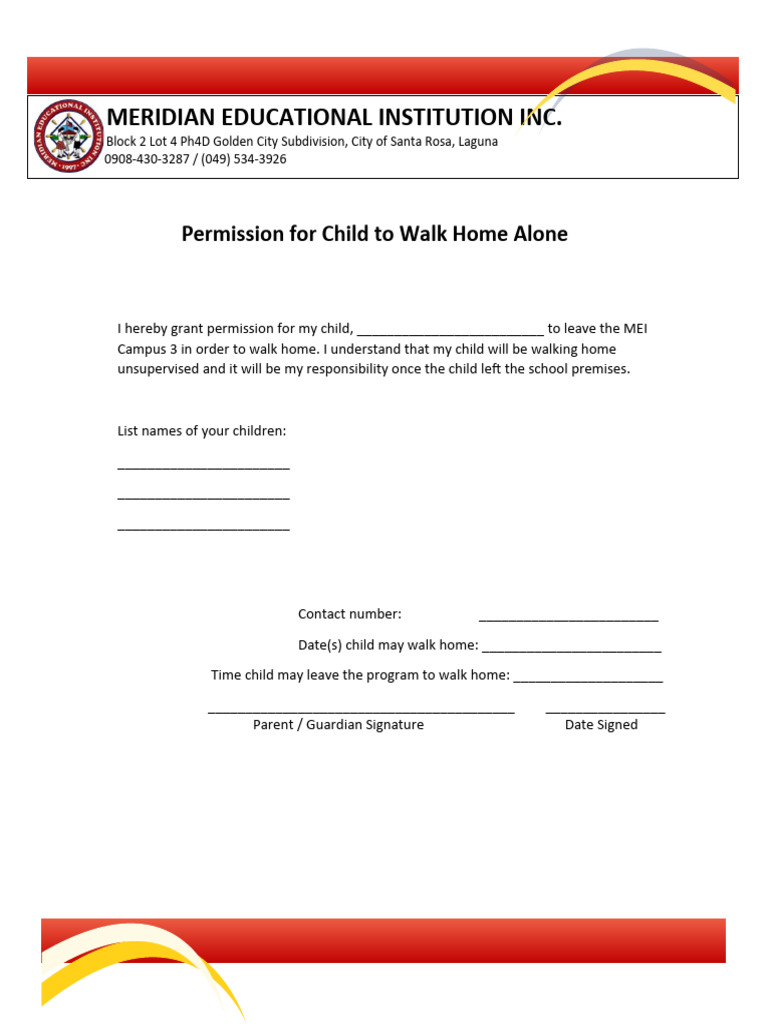 Permission for Child to Walk Home Alone | PDF
