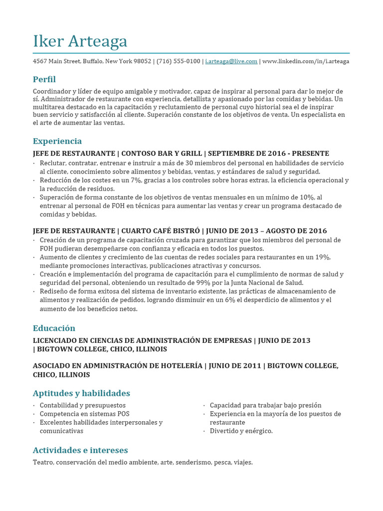Currículum Vítae de Gerente de Restaurante | PDF | Business | Economias