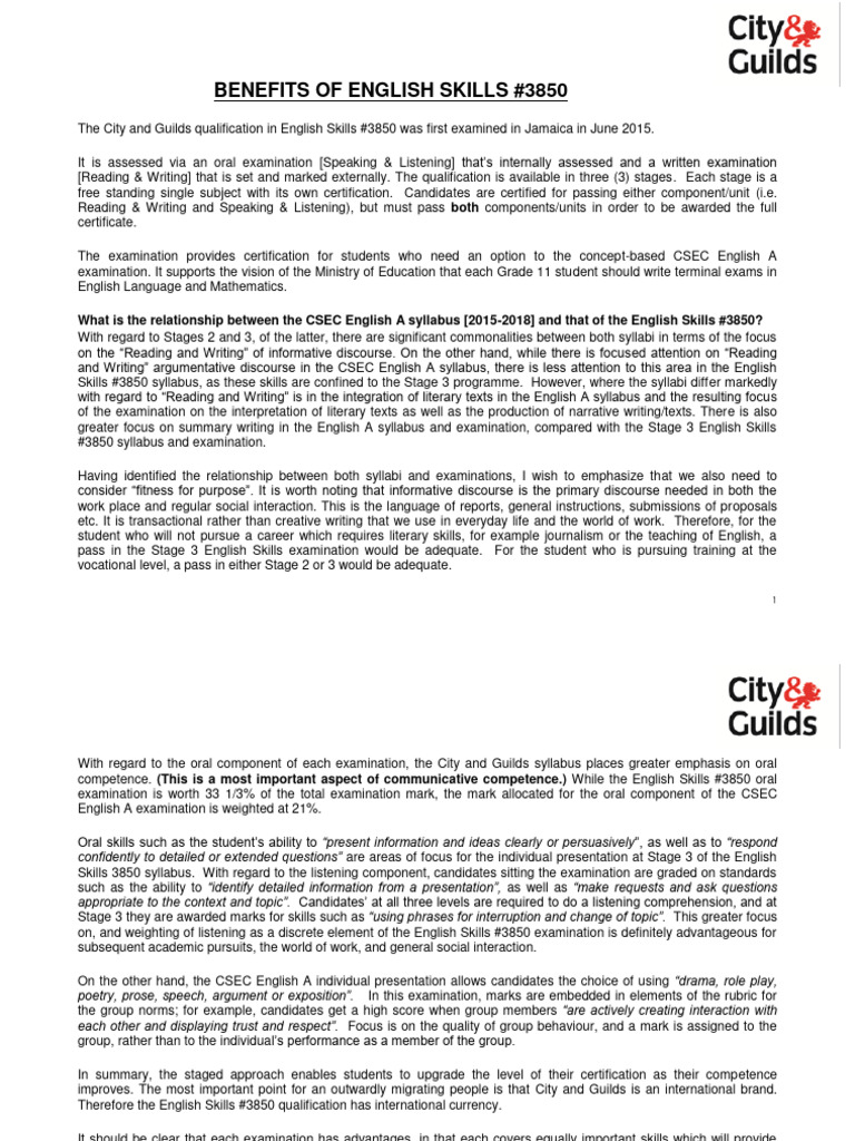 Mapping & Benefits of City & Guilds 3850 English Skills | PDF ...