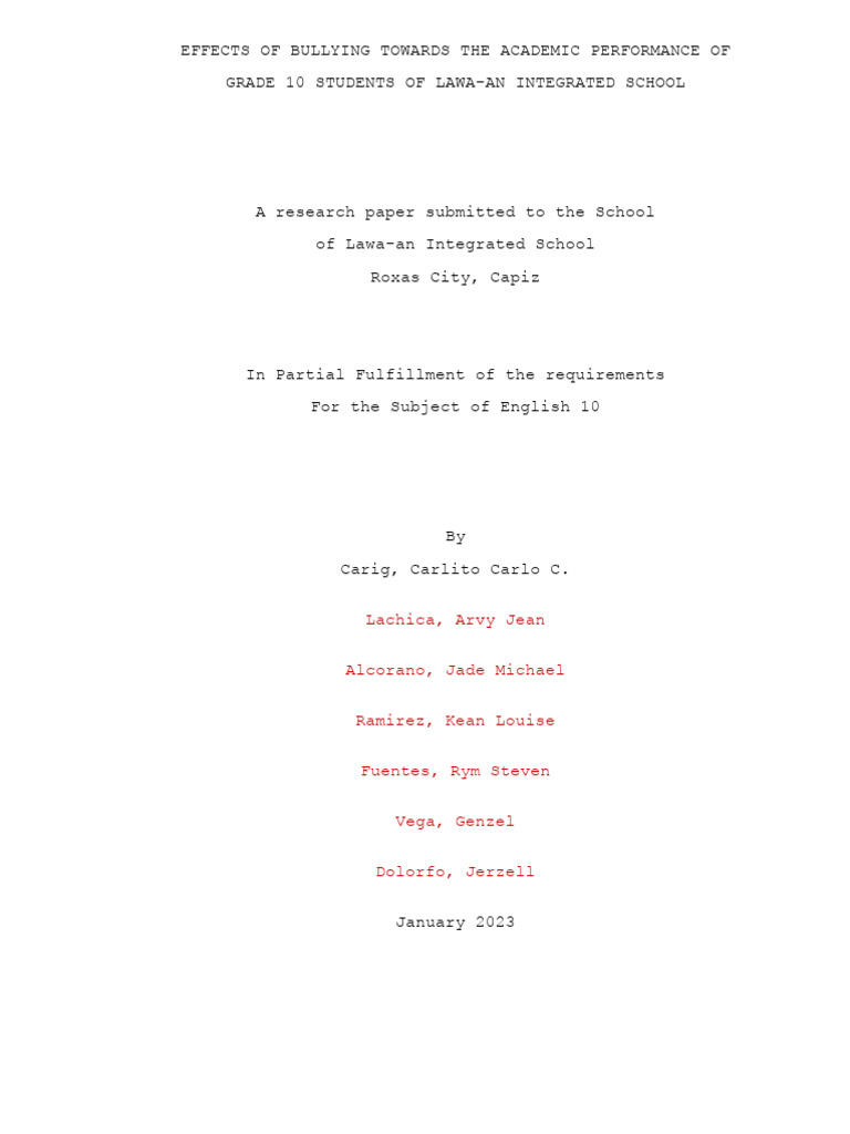 Research Paper Grade 10 | PDF | Bullying | Hypothesis