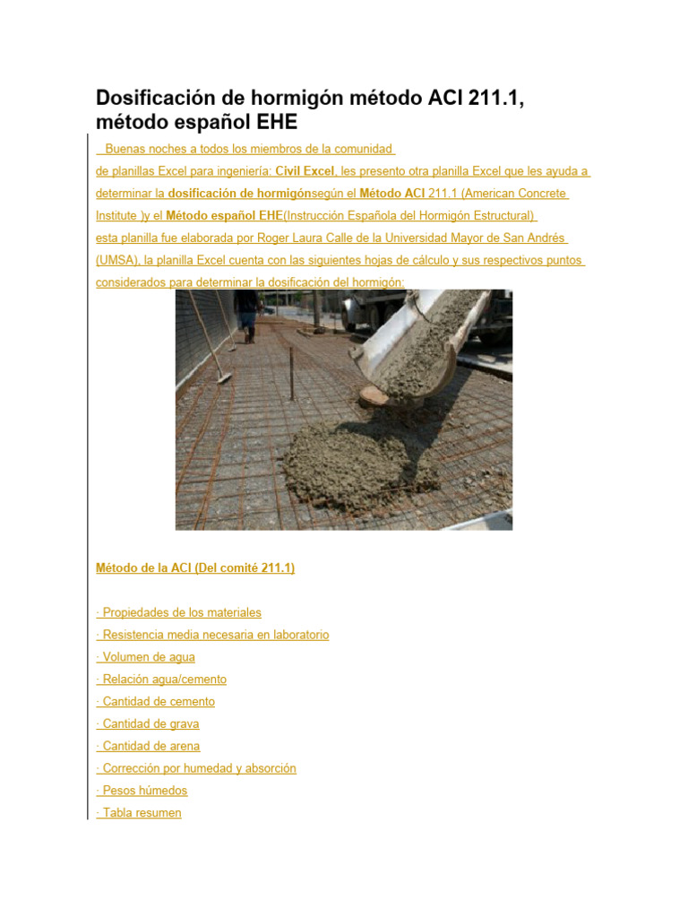 Dosificación de Hormigón Método ACI 211 | PDF