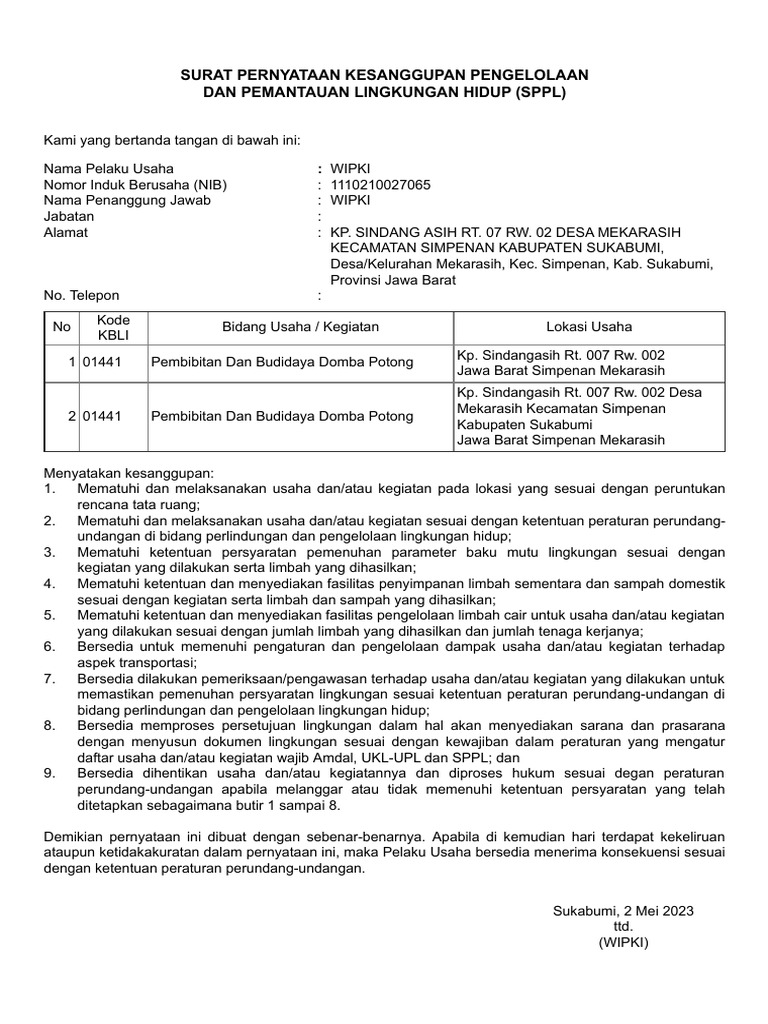 Surat Pernyataan Kesanggupan Pengelolaan Nib | PDF