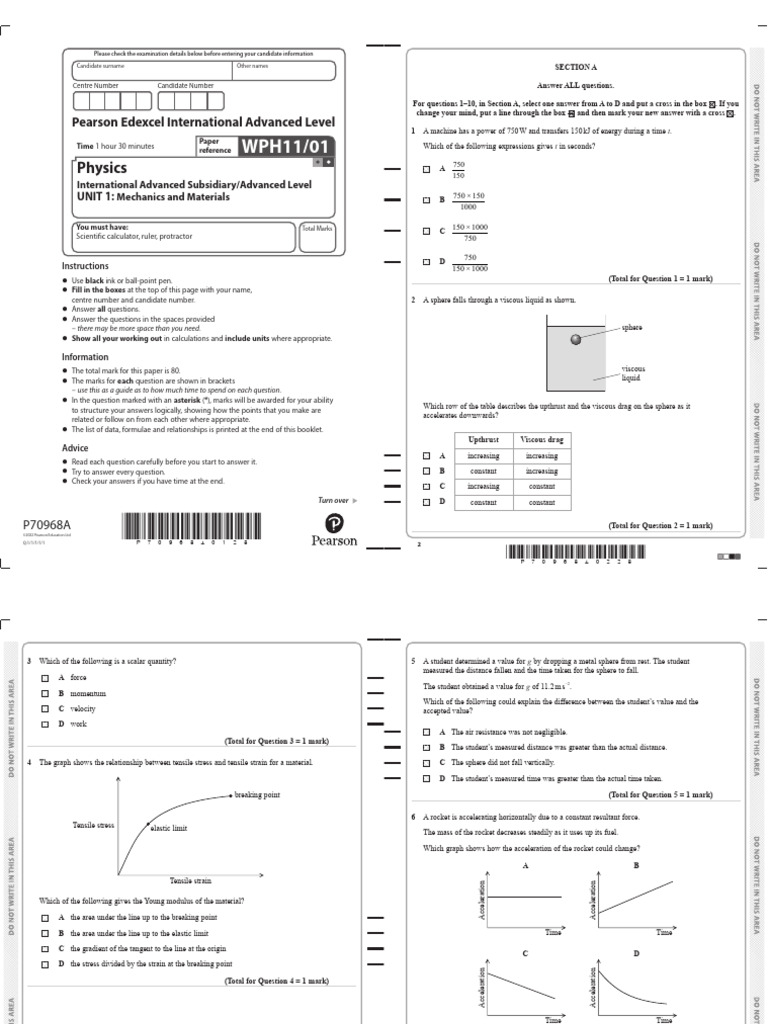 Wph1 June 2022 QP Unit 1 Edexcel Ial Physics | Download Free PDF ...