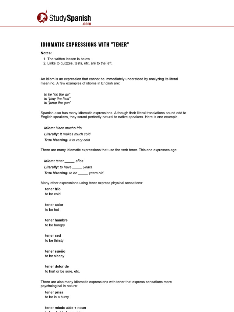 Idiomatic Expressions With - Tener | PDF | Idiom | Language Mechanics