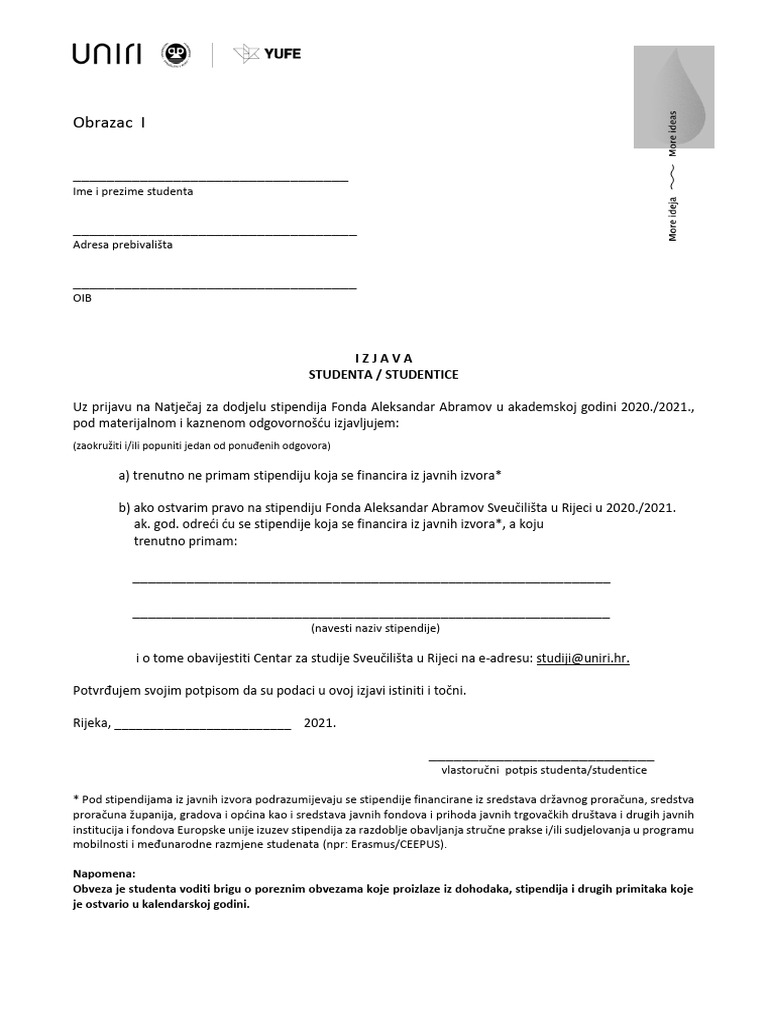 OBRAZAC I Izjava o Drugim Stipendijama Fond AA 2021 | PDF