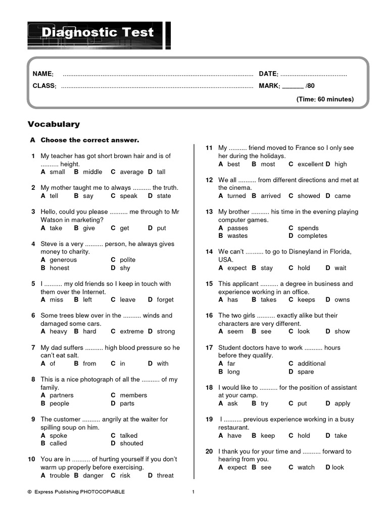 Vocabulary and Grammar Diagnostic Test | PDF