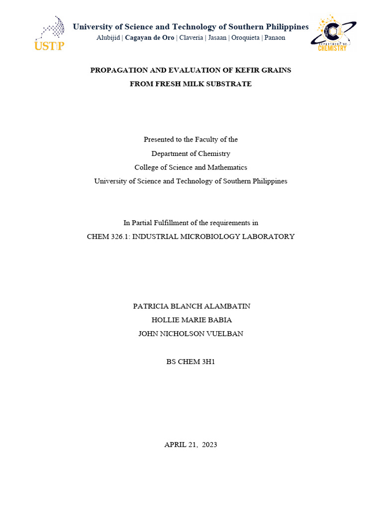 Chem 326.1 - Midterm Lab Report (Kefir) | PDF | Milk | Lactobacillus