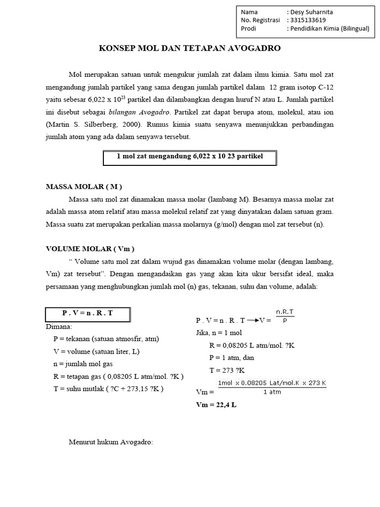 Tugas Kimia Dasar. KONSEP MOL DAN TETAPAN AVOGADRO | PDF