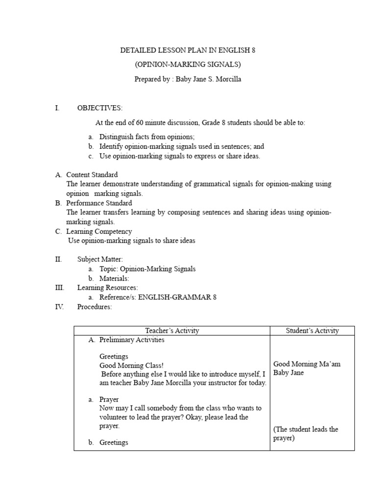 Opinion-Marking Signals Lesson Plan | PDF | Lesson Plan | Learning