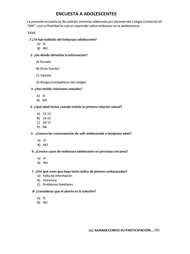 Encuesta sobre Embarazo Adolescente | PDF | Relaciones personales ...