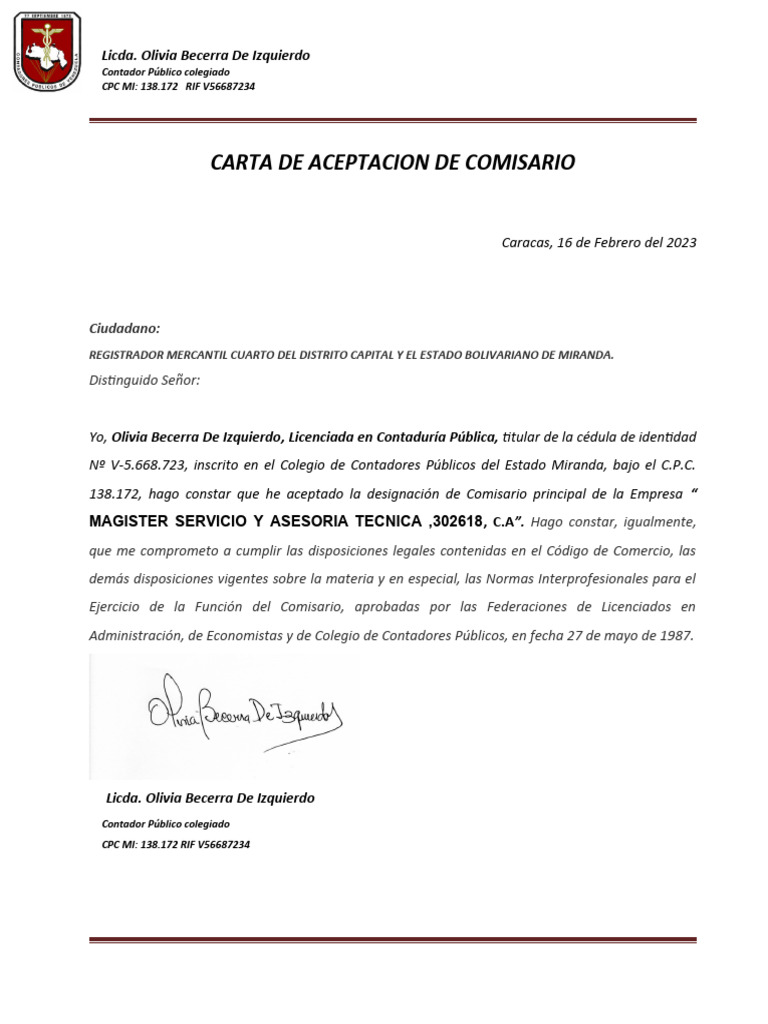 Carta de Aceptacion Del Comisario MAGISTER WORD | PDF