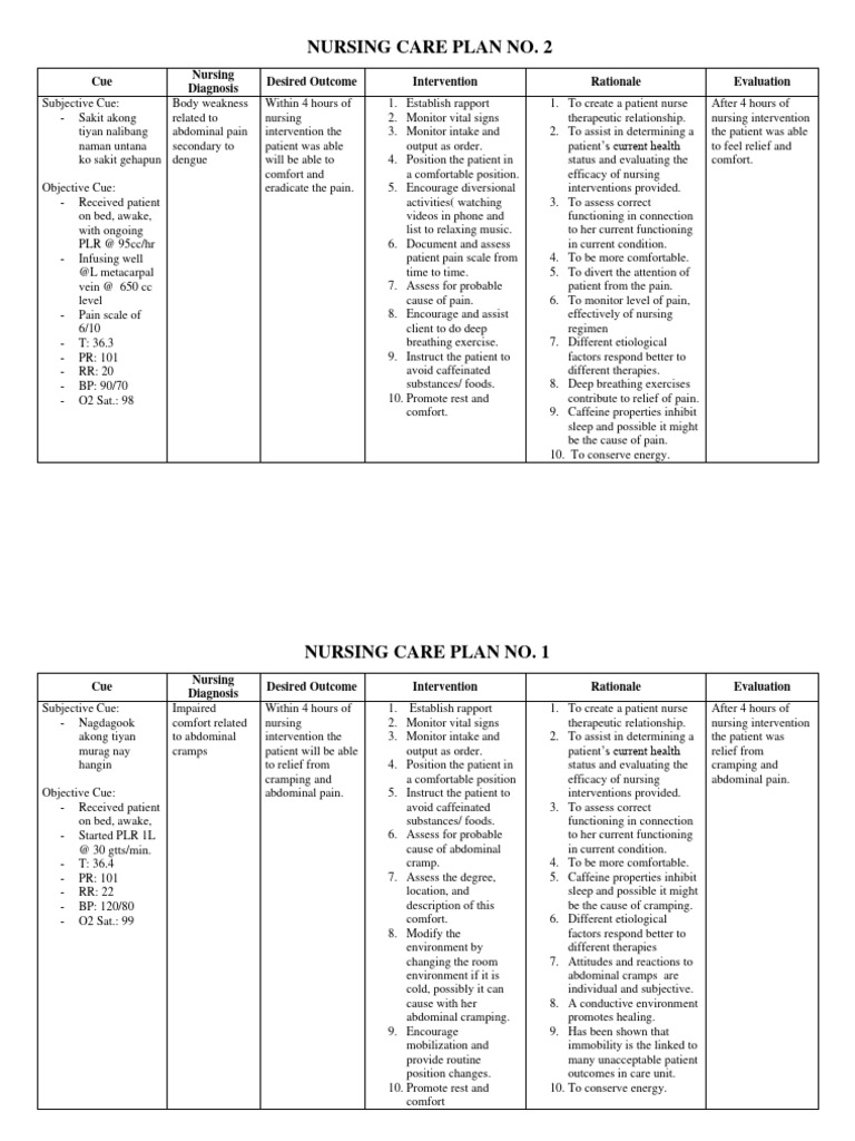 Nursing Care Plan No. 2: Cue Nursing Diagnosis Desired Outcome Intervention Rationale Evaluation ...