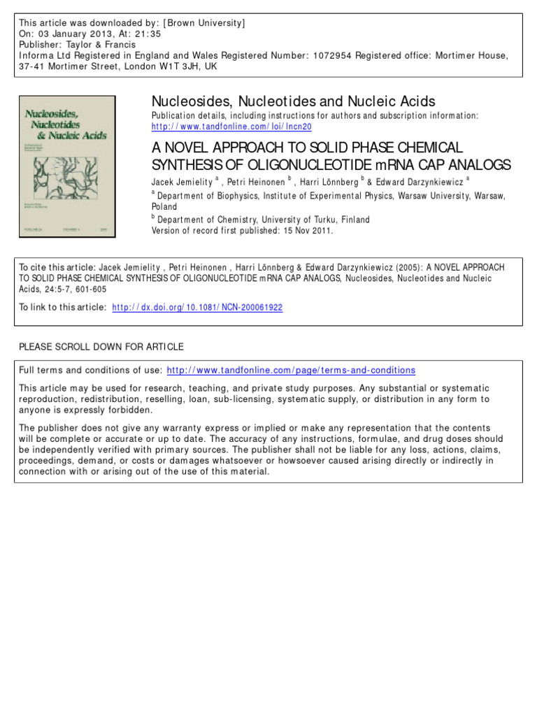CHEMICAL SYNTHESIS OF OLIGONUCLEOTIDE mRNA CAP ANALOGS - Jemielity2005 ...