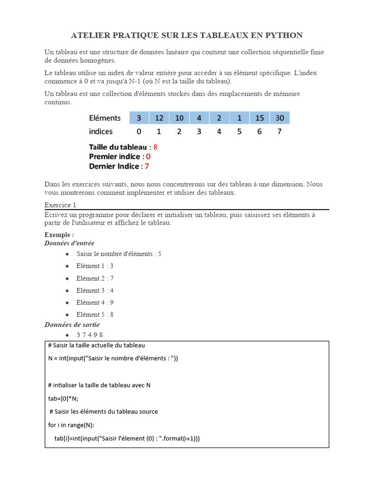 Atelier Pratique Sur Les Tableaux en Python | PDF | Méthodes et ...