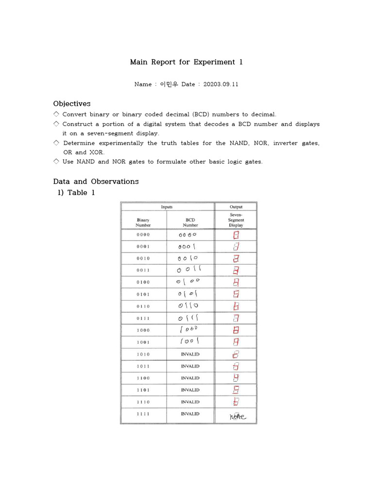 Main Report For Experiment 1 | PDF | Binary Coded Decimal | Logic Gate