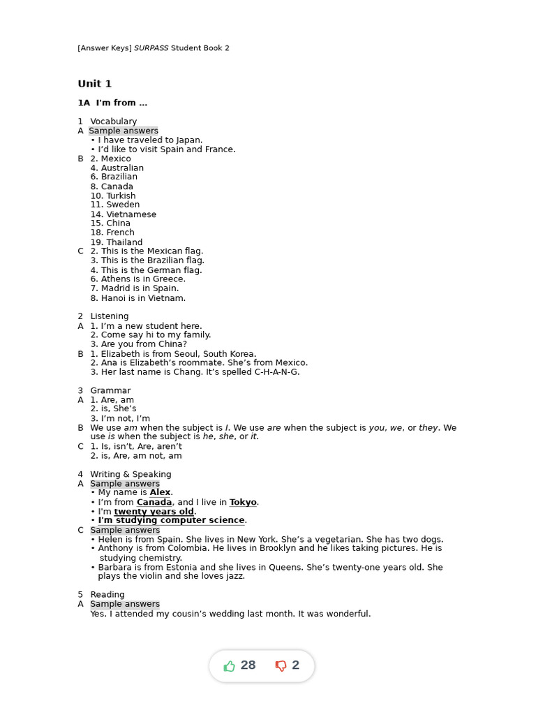 Surpass 2 Student Book Answer Key para El Apoyo Compress | PDF | Furniture | Meal