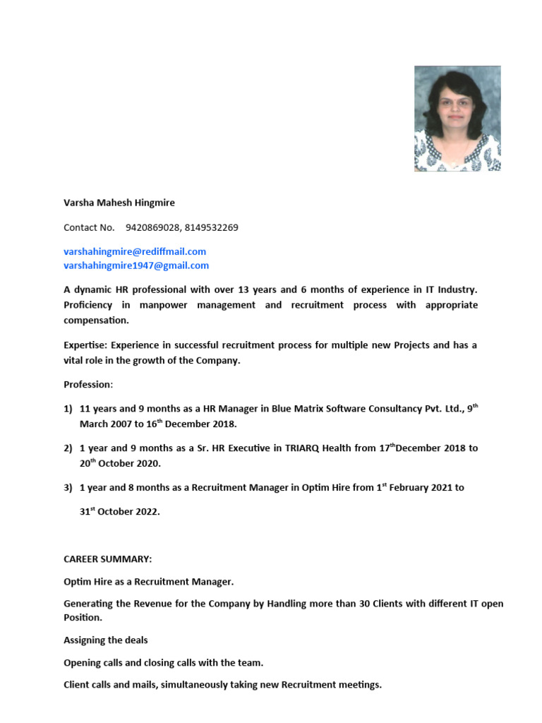 Varsha Hingmire Updated Resume | PDF | Human Resource Management | Recruitment